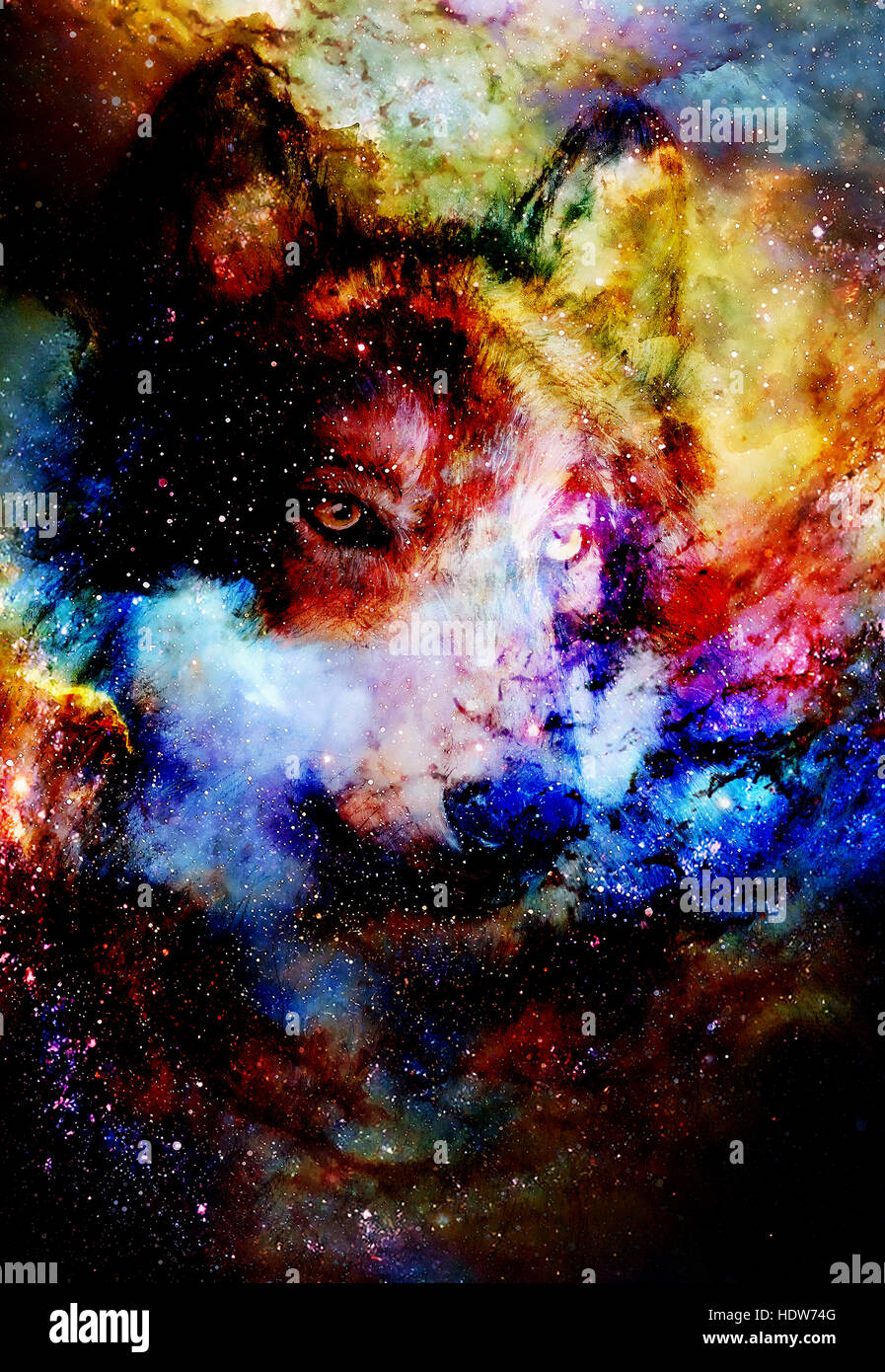 magical space wolf, multicolor computer graphic collage Stock Photo - Alamy