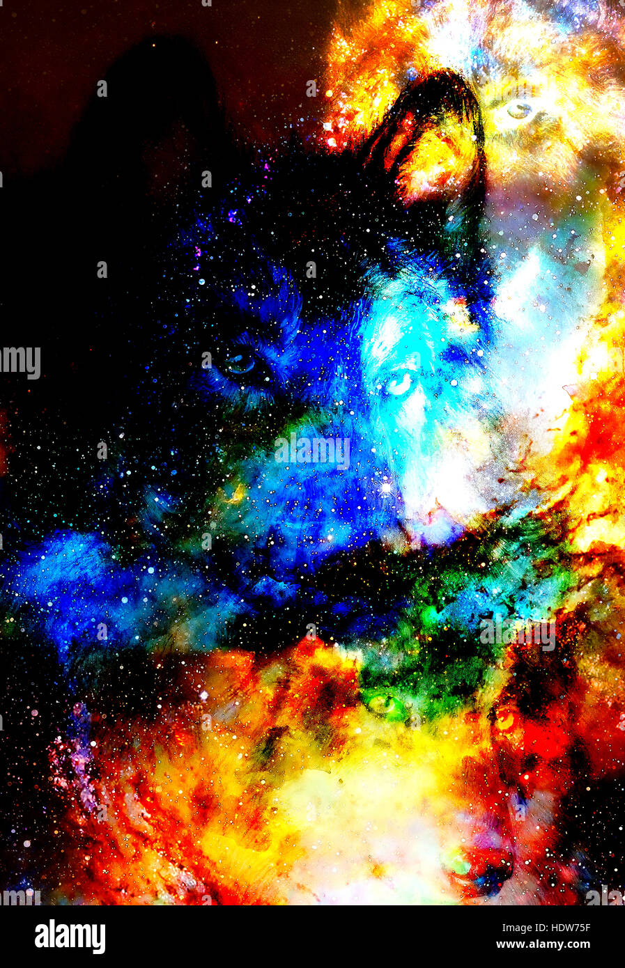 magical space wolf, multicolor computer graphic collage Stock Photo - Alamy