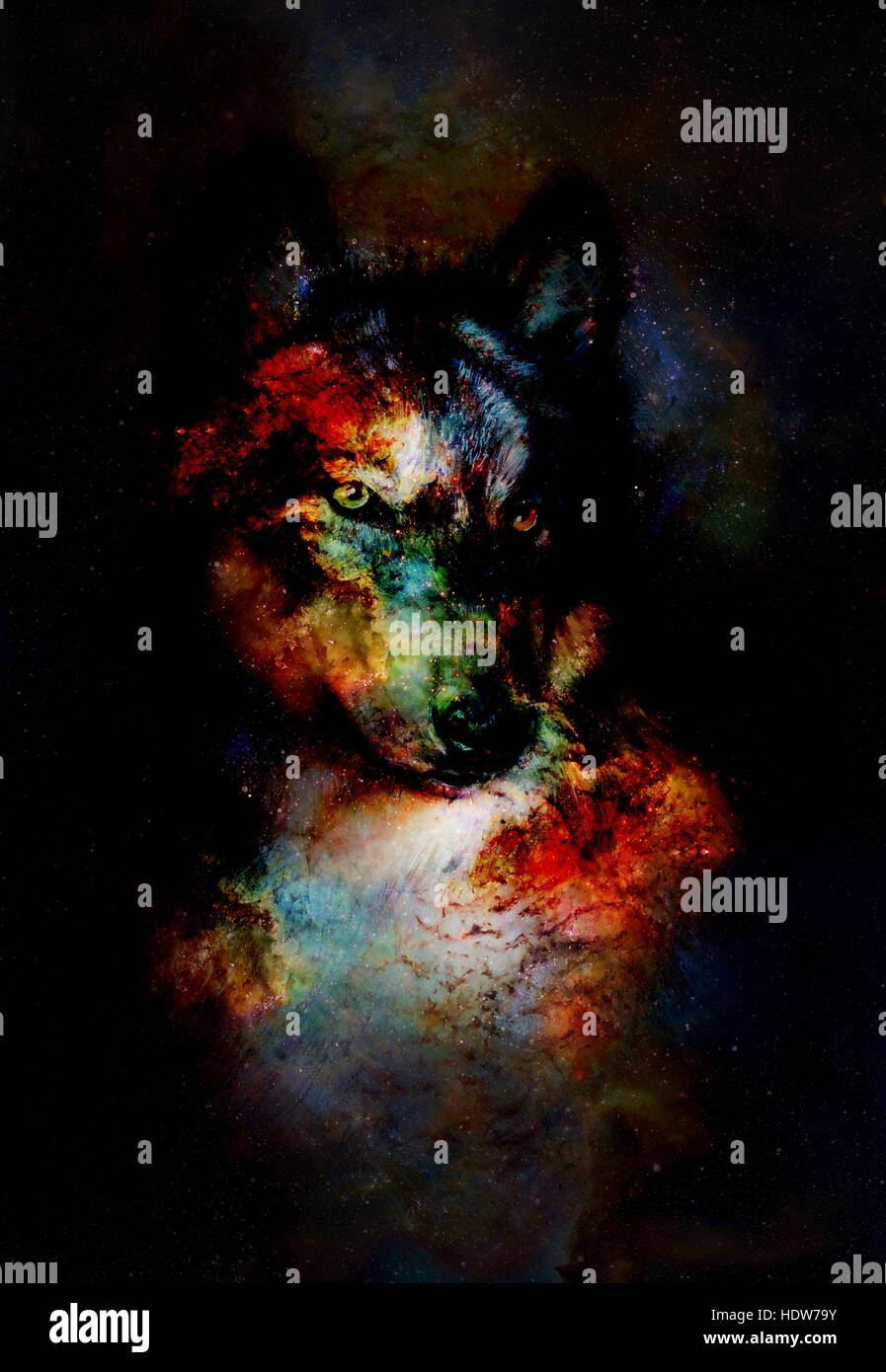 magical space wolf, multicolor computer graphic collage Stock Photo - Alamy
