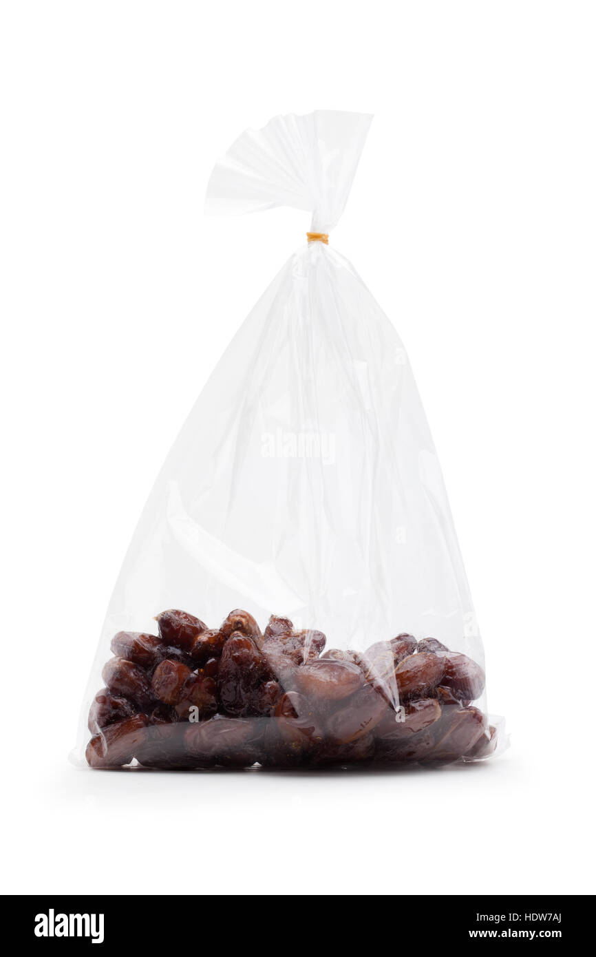 date palm dried fruit isolated on white background with plastic wrap ...