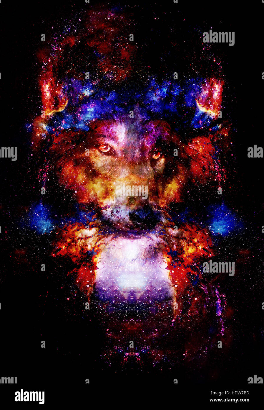 magical space wolf, multicolor computer graphic collage Stock Photo - Alamy