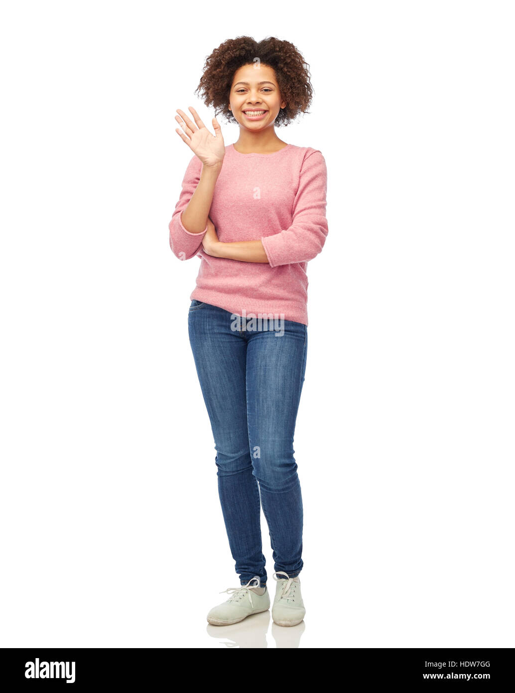 happy african american young woman waving hand Stock Photo - Alamy