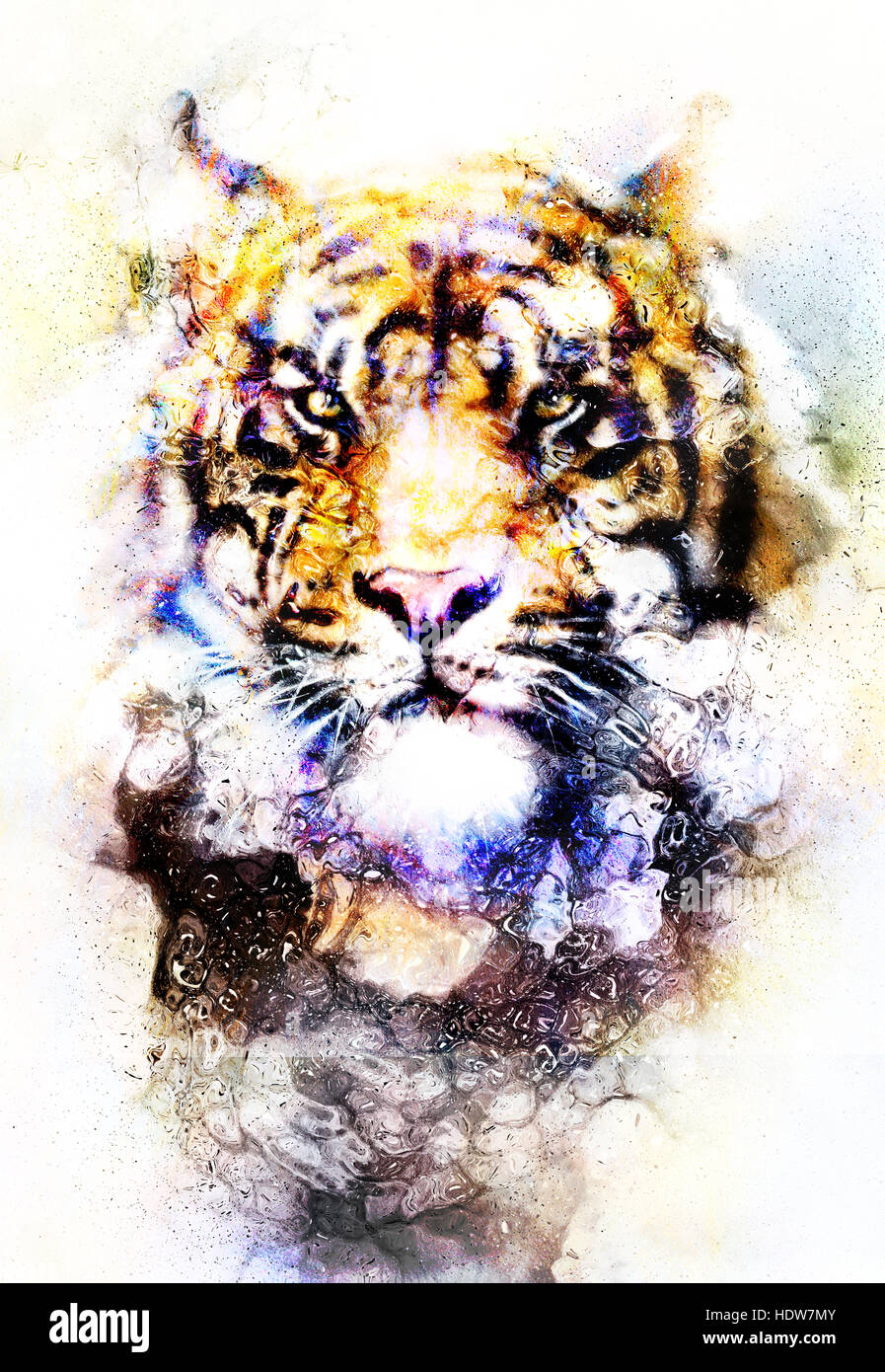 magical space tiger, multicolor computer graphic collage. Glass effect ...