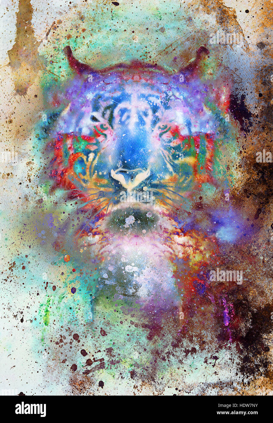 magical space tiger, multicolor computer graphic collage Stock Photo ...