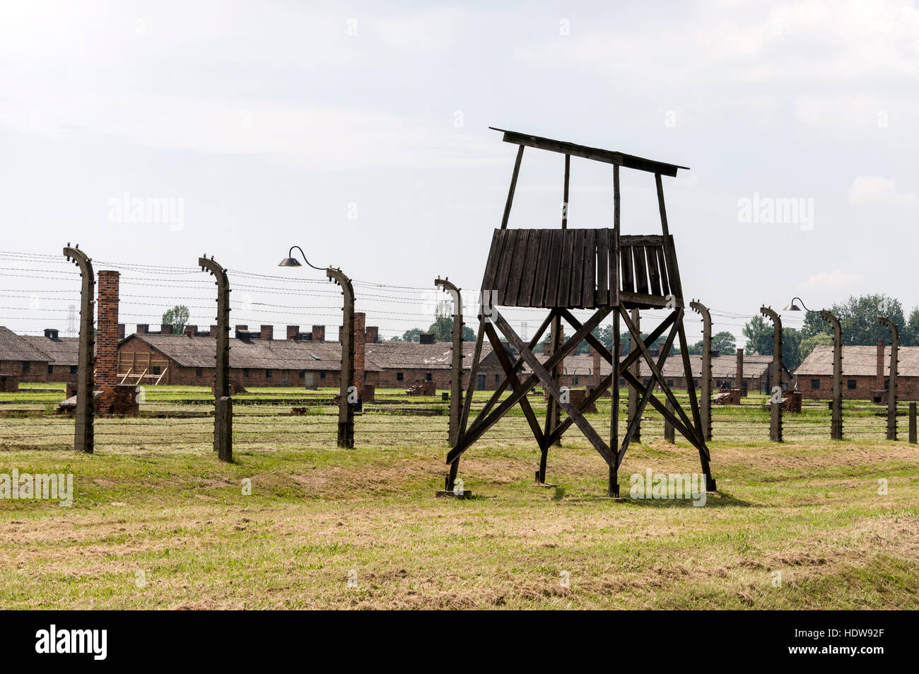 One of the surviving guard towers at Auschwitz 11-Birkenau in Oswiecim ...