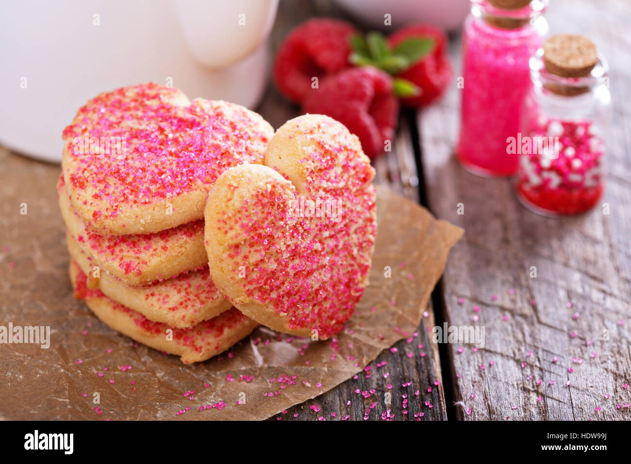 pink heart cookies for valentines day, on white background Stock Photo ...