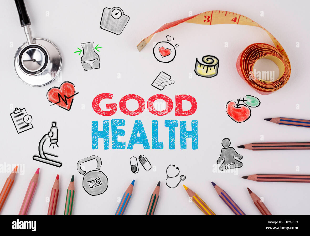 Good Health concept. Healty lifestyle background. Stethoscope, pencils ...