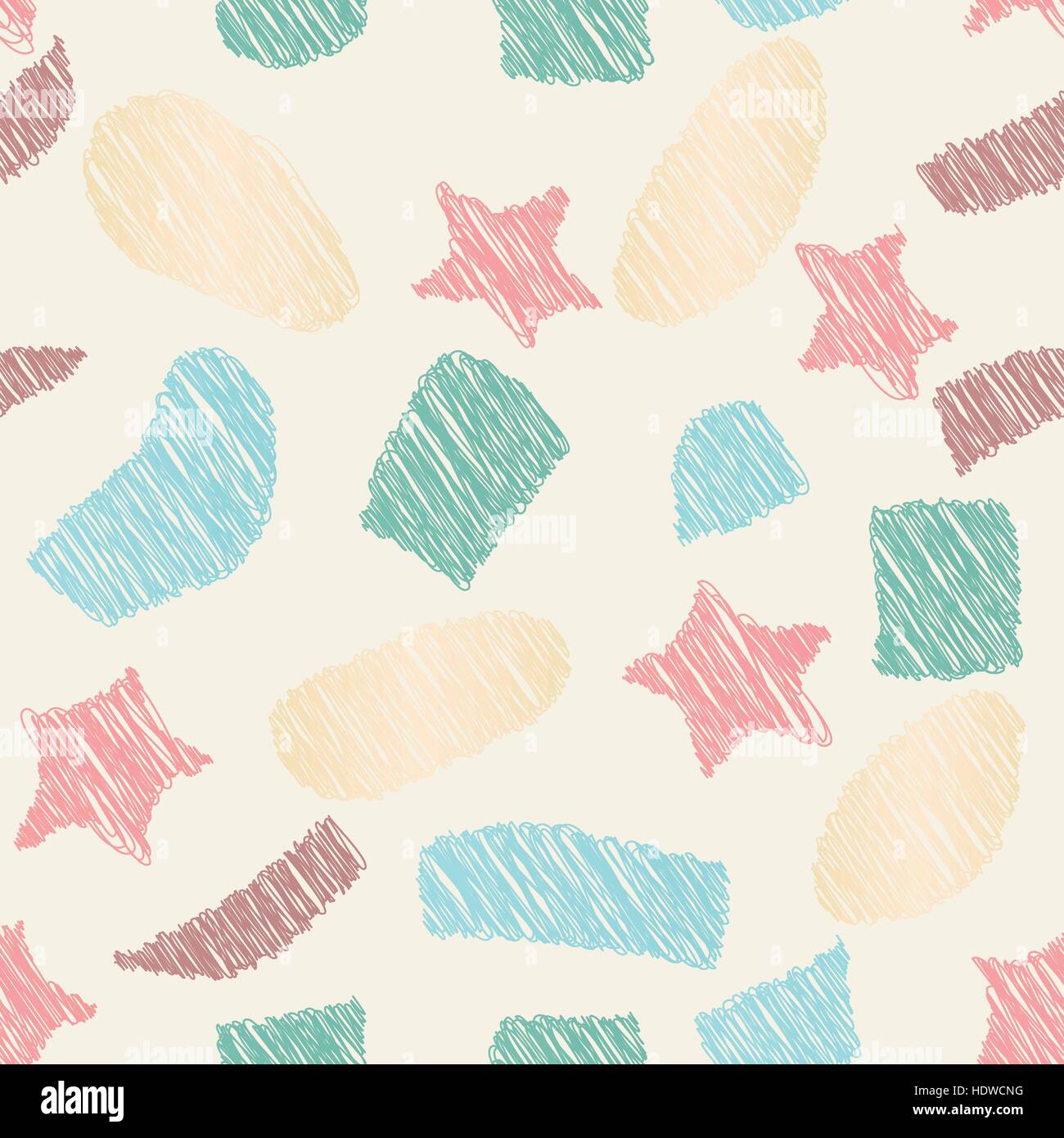 Drawn seamless scribble stars, oval, rectangle shapes pattern. Abstract ...