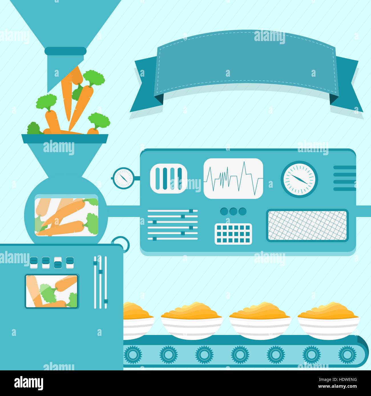 Vector illustration of factory producing carrot cream. Carrot cream ...