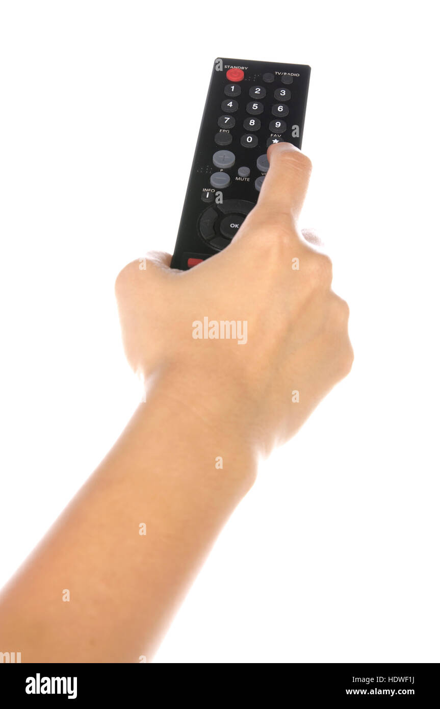 Woman holding remote control television isolated over white background ...