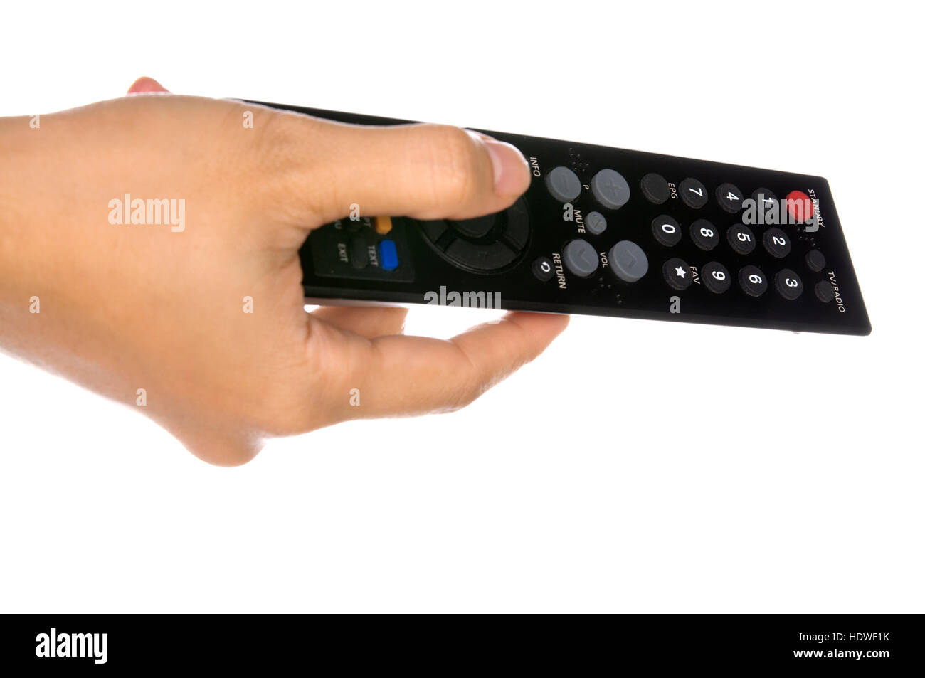 Woman holding remote control television isolated over white background ...