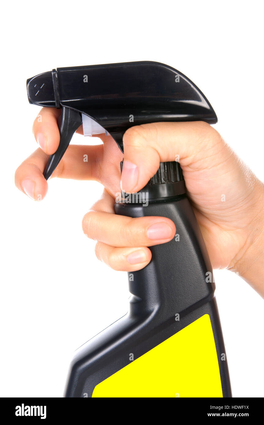 Woman spraying cleaner isolated over white background. You can put your ...