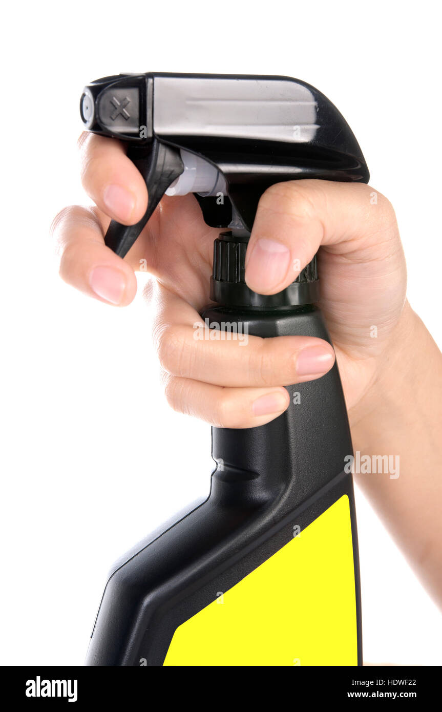 Woman spraying cleaner isolated over white background. You can put your ...