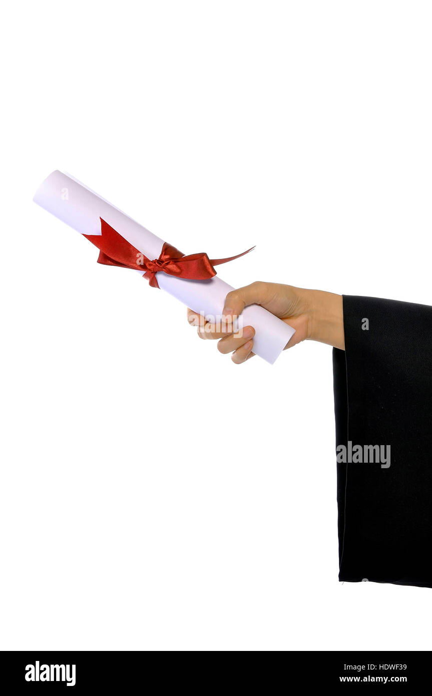 People hand hold graduation paper scroll isolated over white background ...