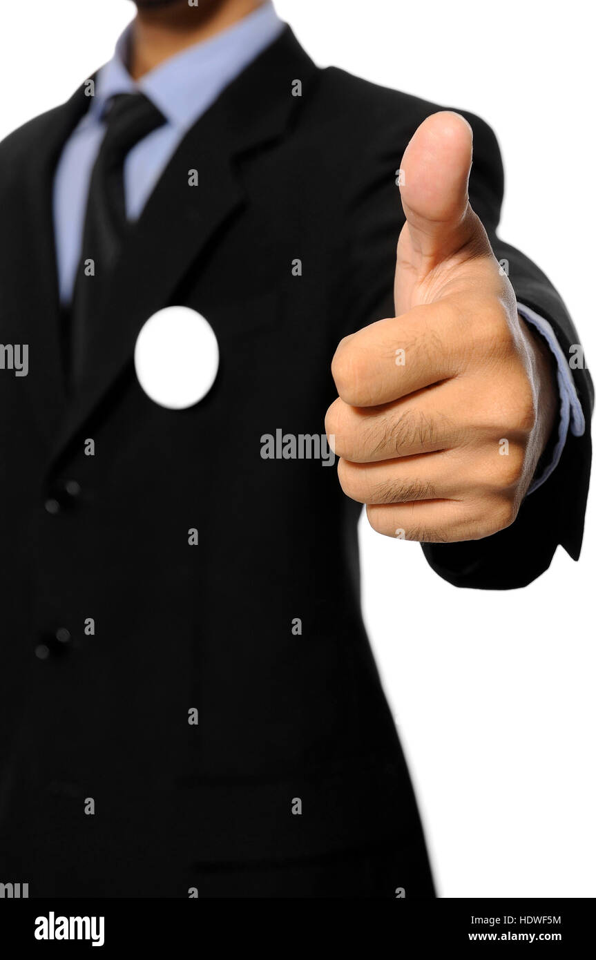 Man with black business suit with blank pinned button give thumb up ...