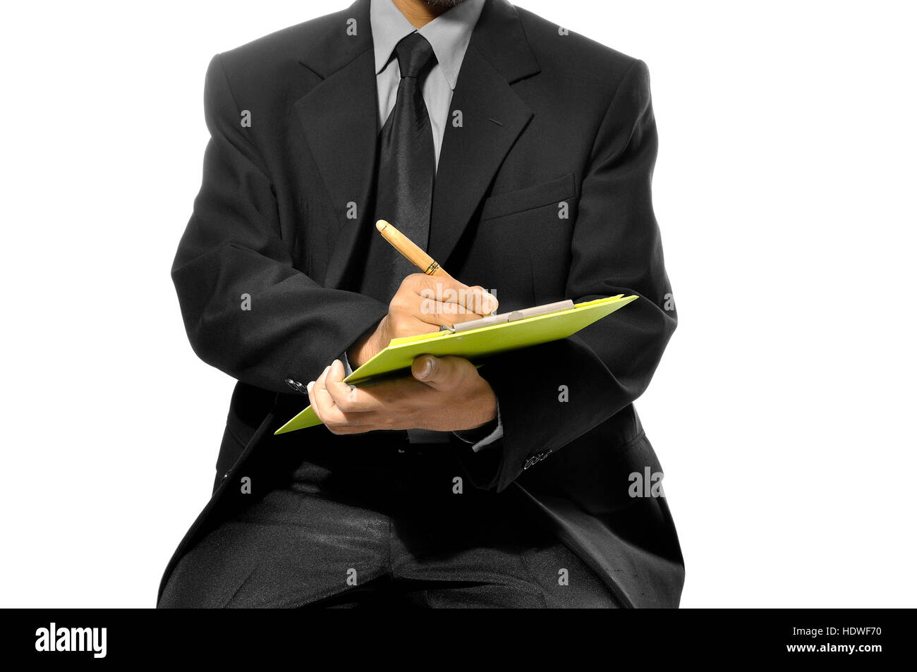 Business man write on the clipboard isolated over white background ...
