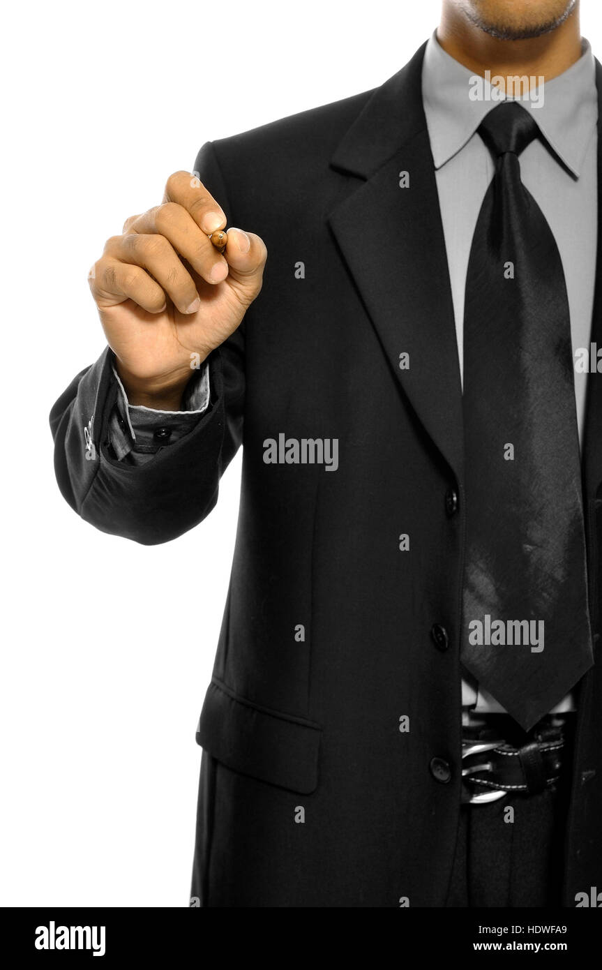 Business man write something isolated over white background. You can ...