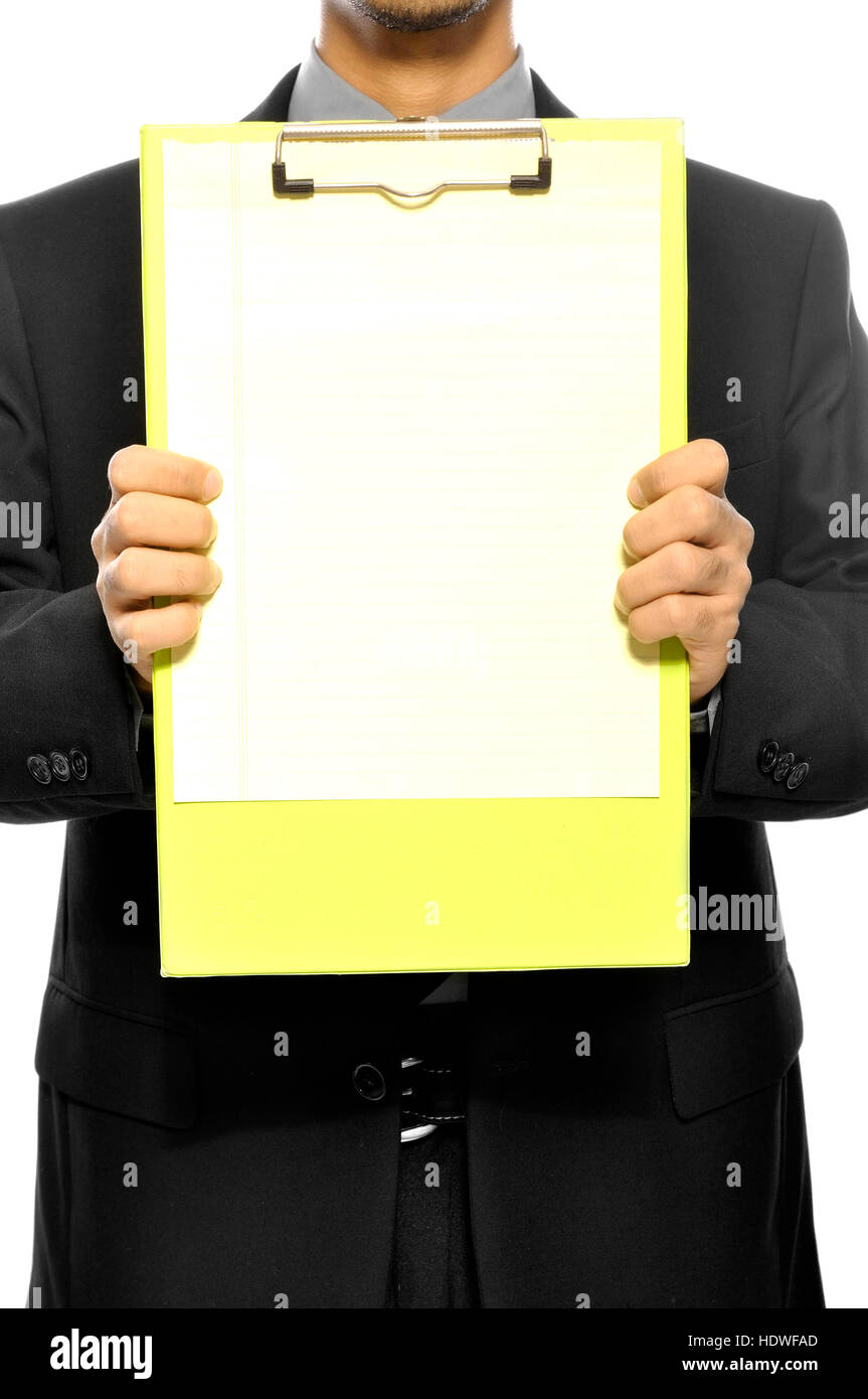 Business man holding clipboard isolated over white background. You can ...