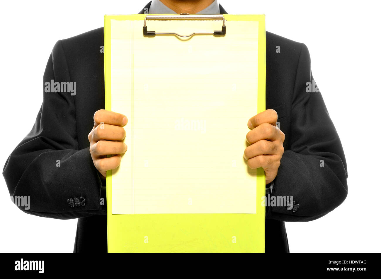 Business man holding clipboard isolated over white background. You can ...