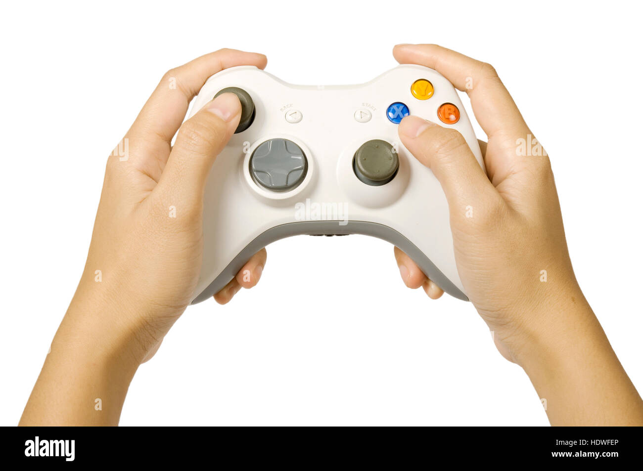 Gamepad hold by human hand isolated over white background Stock Photo ...