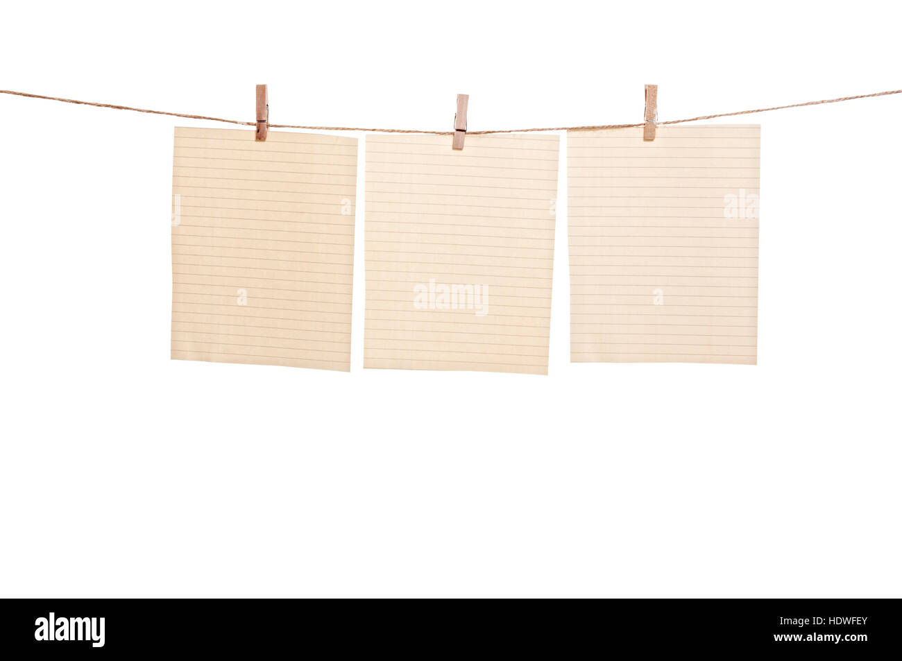 Three paper sheets hanging on the rope isolated over white background ...