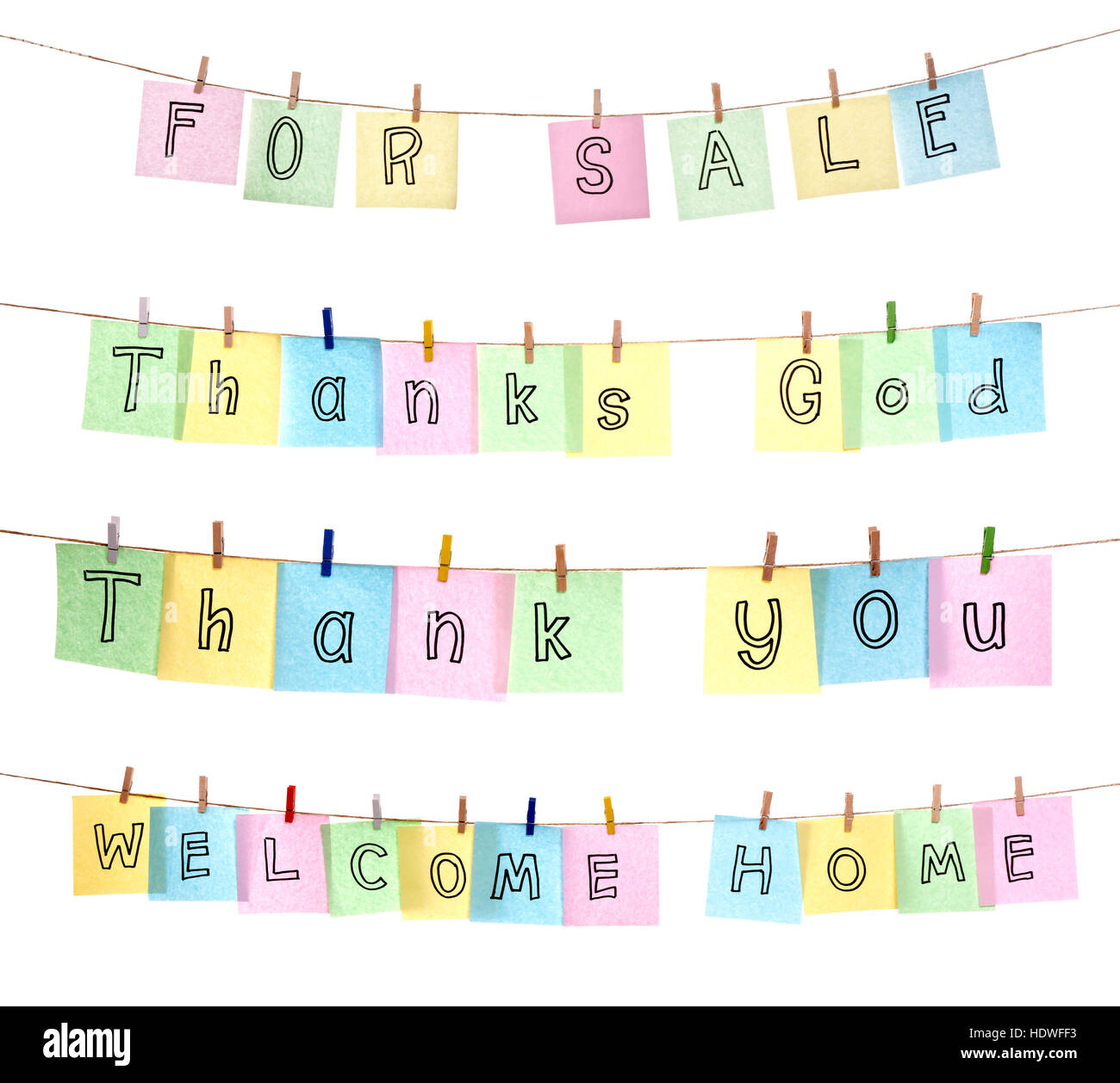 Collection of hanging words on the rope isolated over white background ...