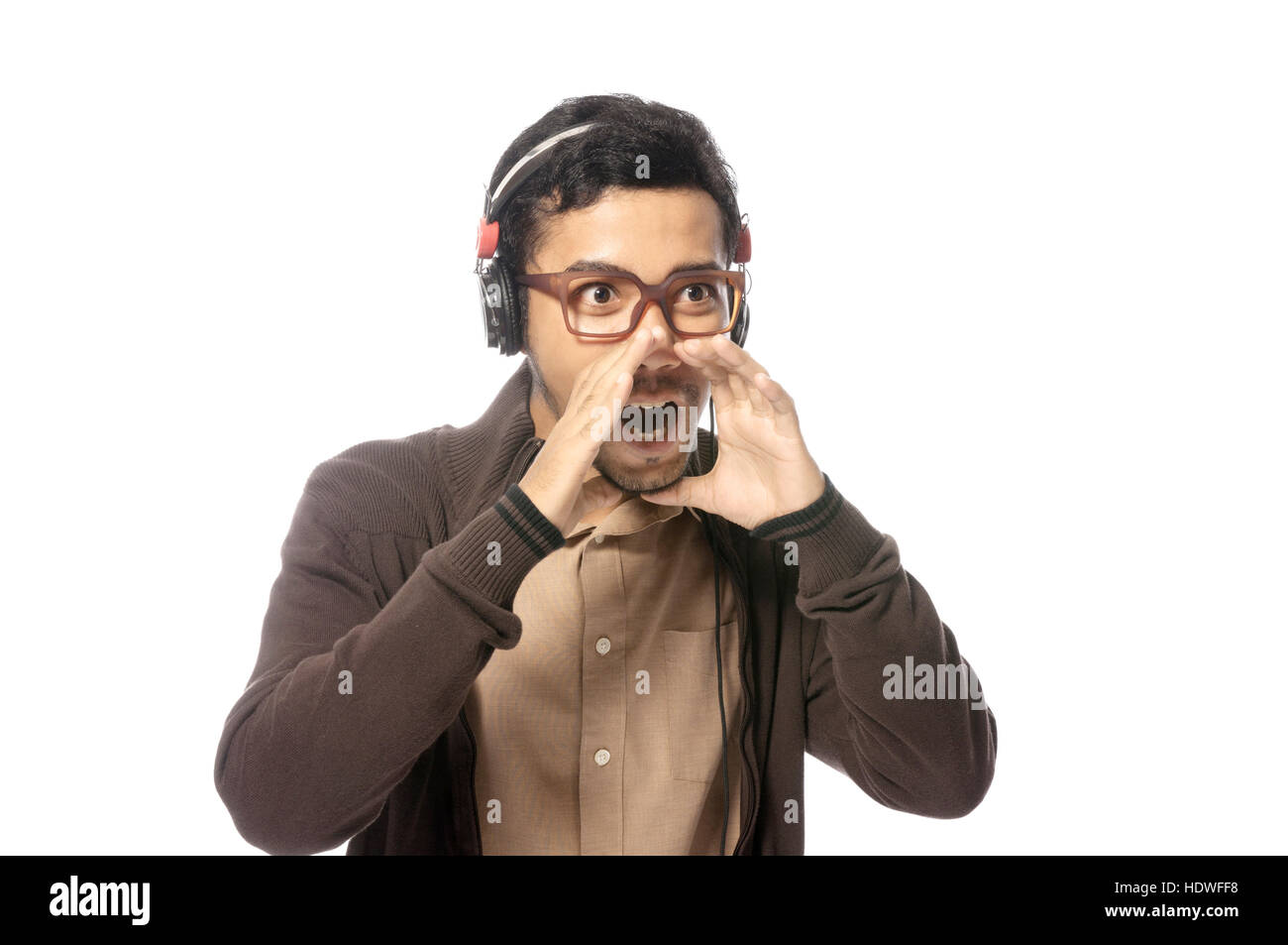 Handsome young man shout his mouth isolated over white background Stock ...