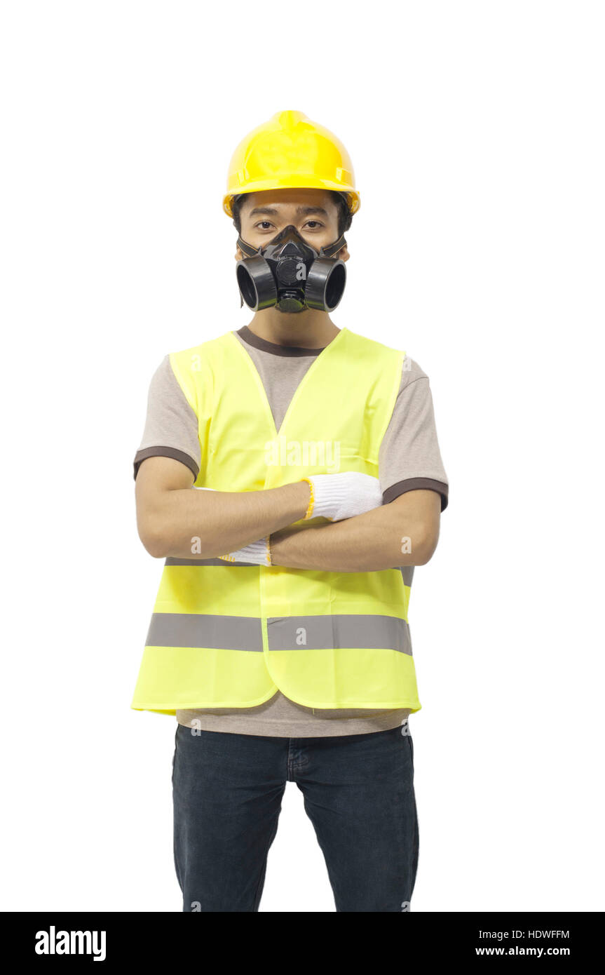 Worker wearing work gear isolated over white background Stock Photo - Alamy