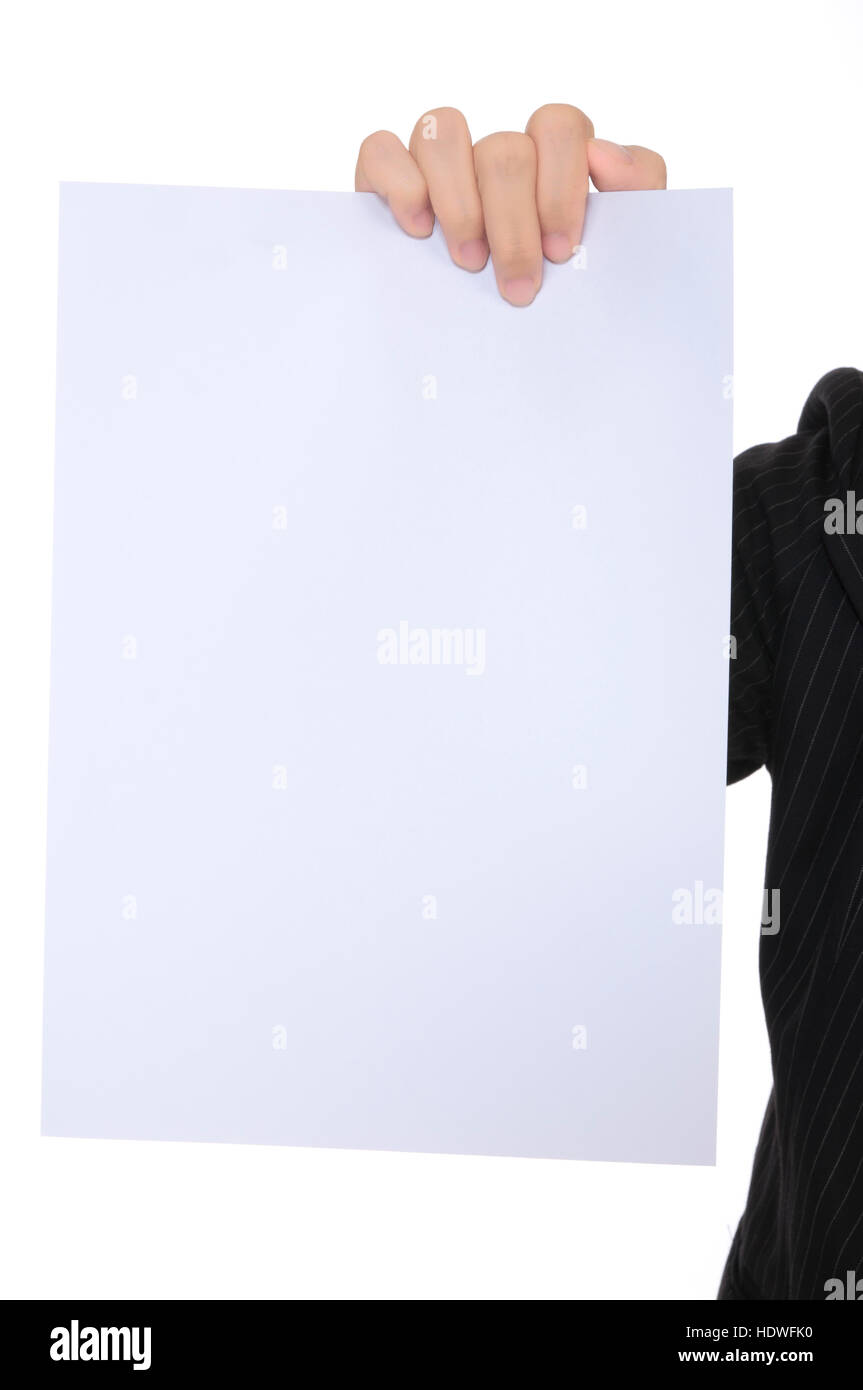 Blank paper holding by business woman isolated over white background ...
