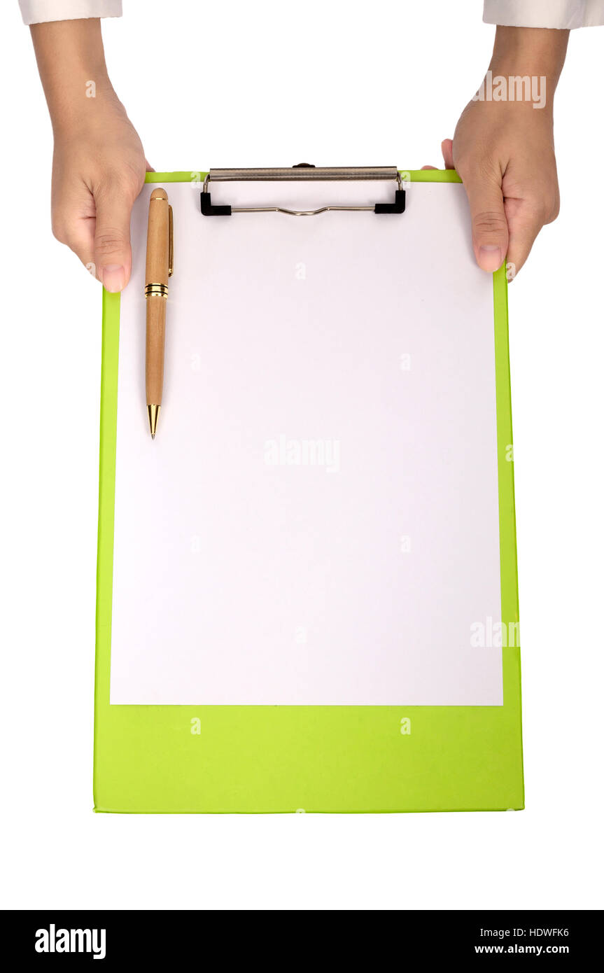 Business woman holding clipboard isolated over white background. You ...