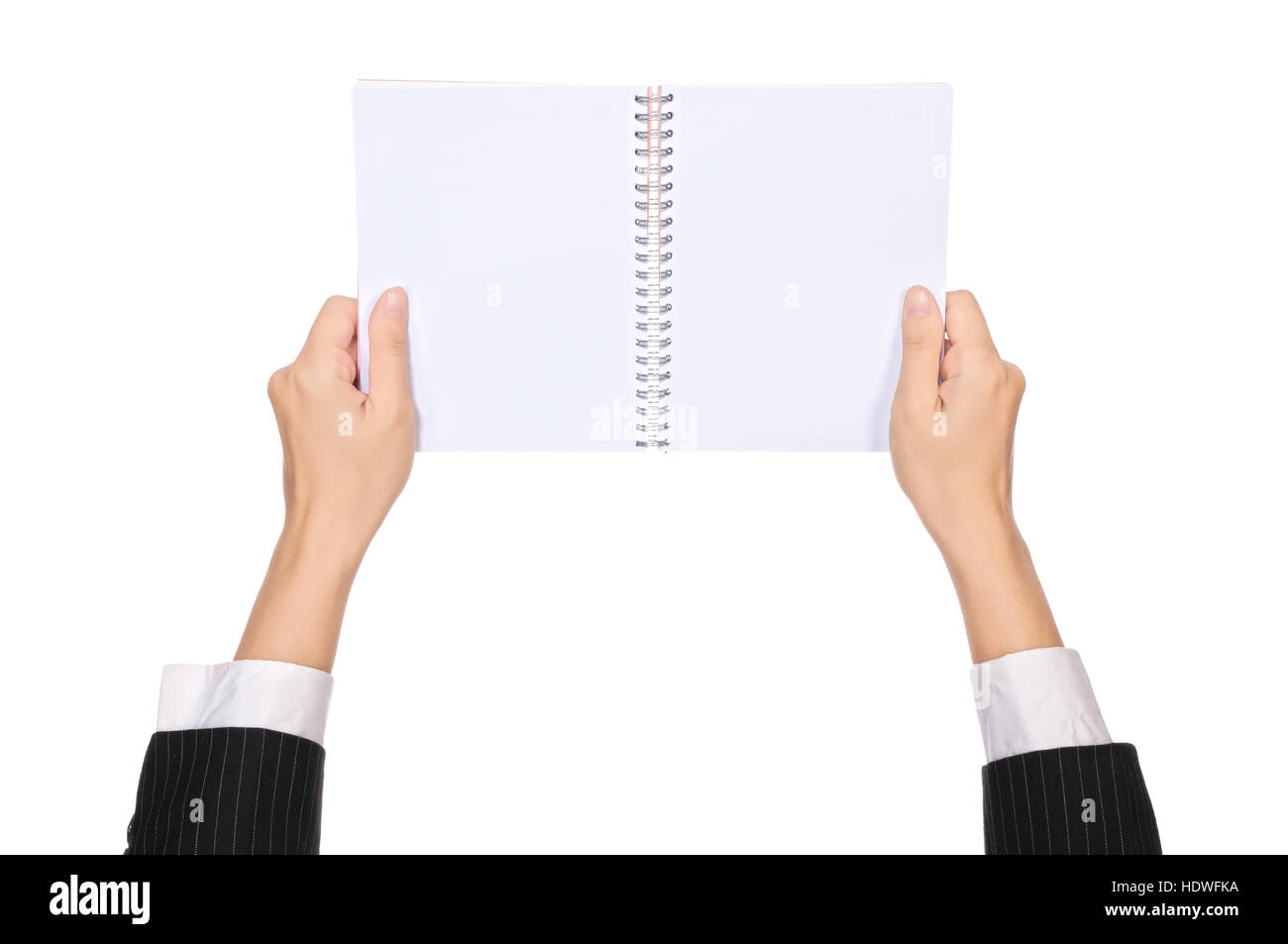 Business woman hold blank notebook isolated over white background. You ...