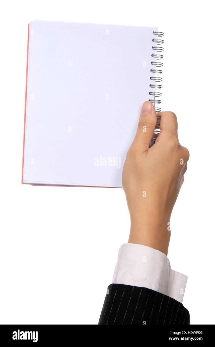Business woman hold blank notebook isolated over white background. You ...