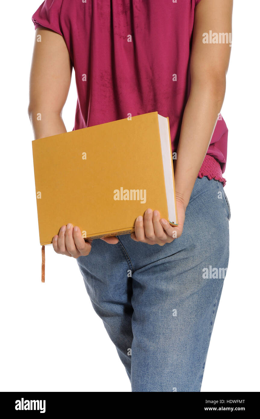 Woman bring book with her hand isolated over white background Stock ...