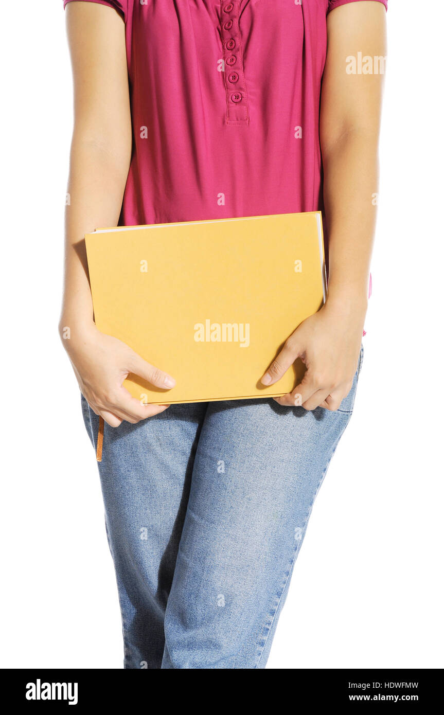 Woman bring book with her hand isolated over white background Stock ...