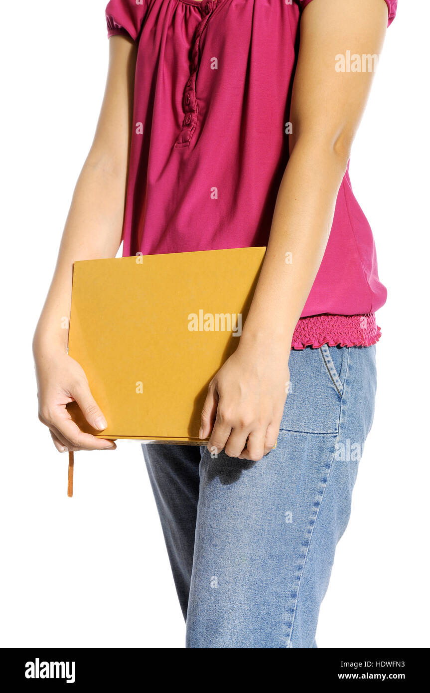 Woman bring book with her hand isolated over white background Stock ...