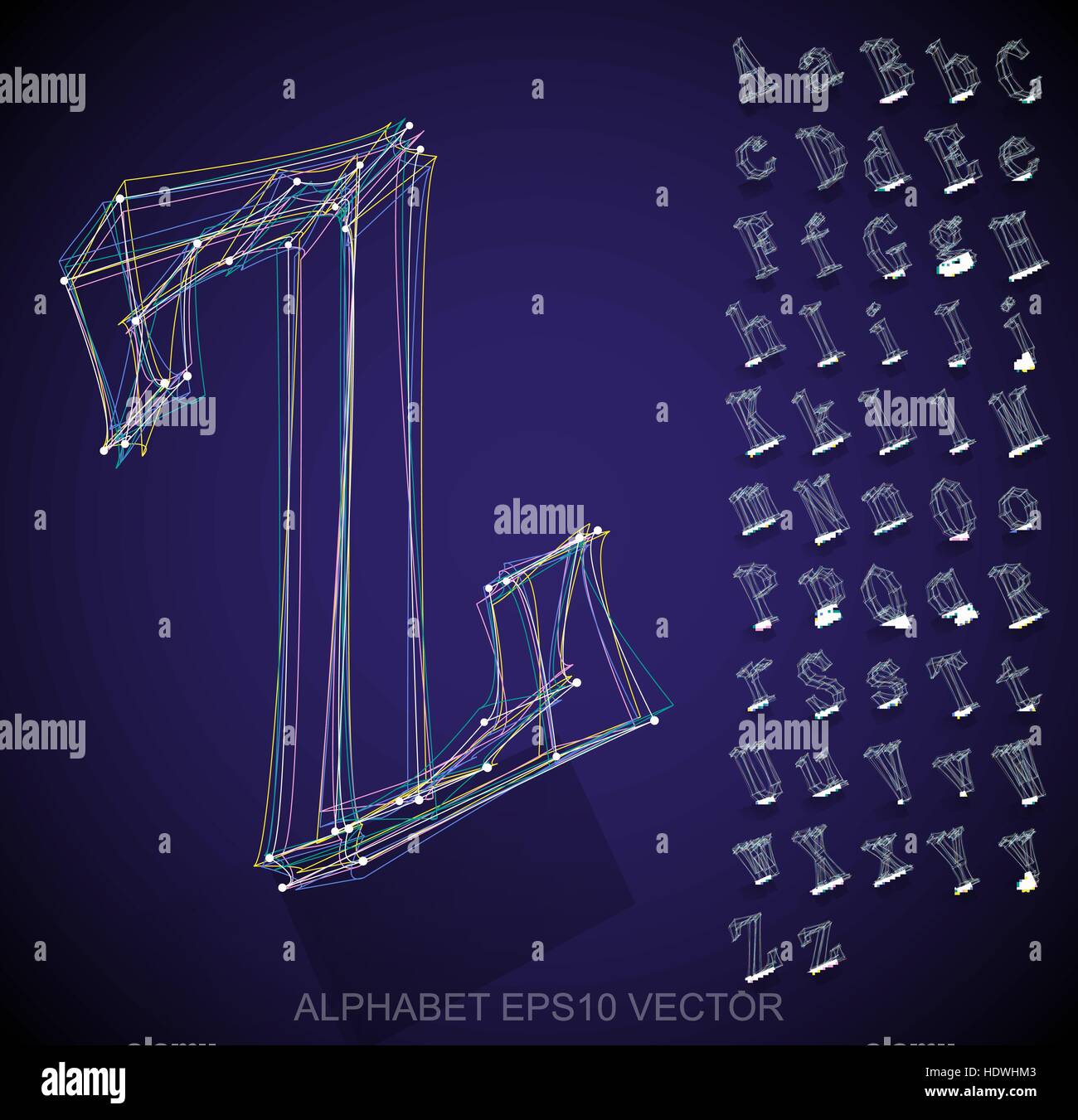 Abstract illustration of a sketched Letters with reflection. Set of hand drawn 3D Letters for ...