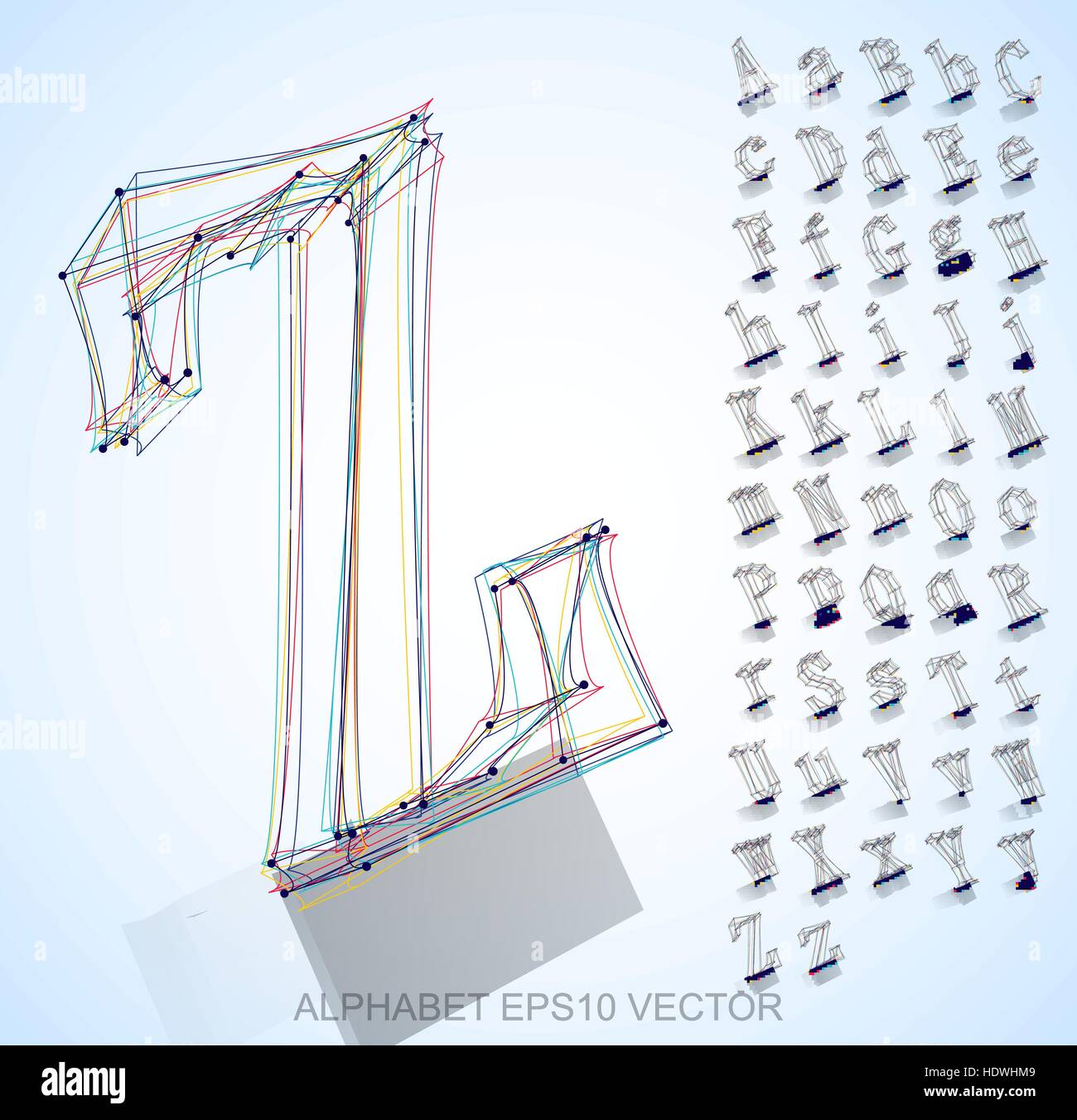 Abstract illustration of a sketched Letters with reflection. Set of ...