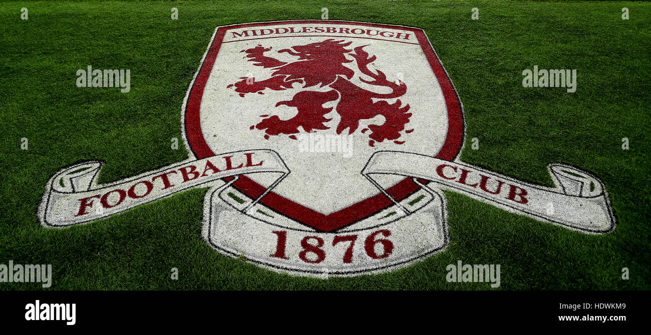The Middlesbrough crest pitchside before the Premier League match at ...