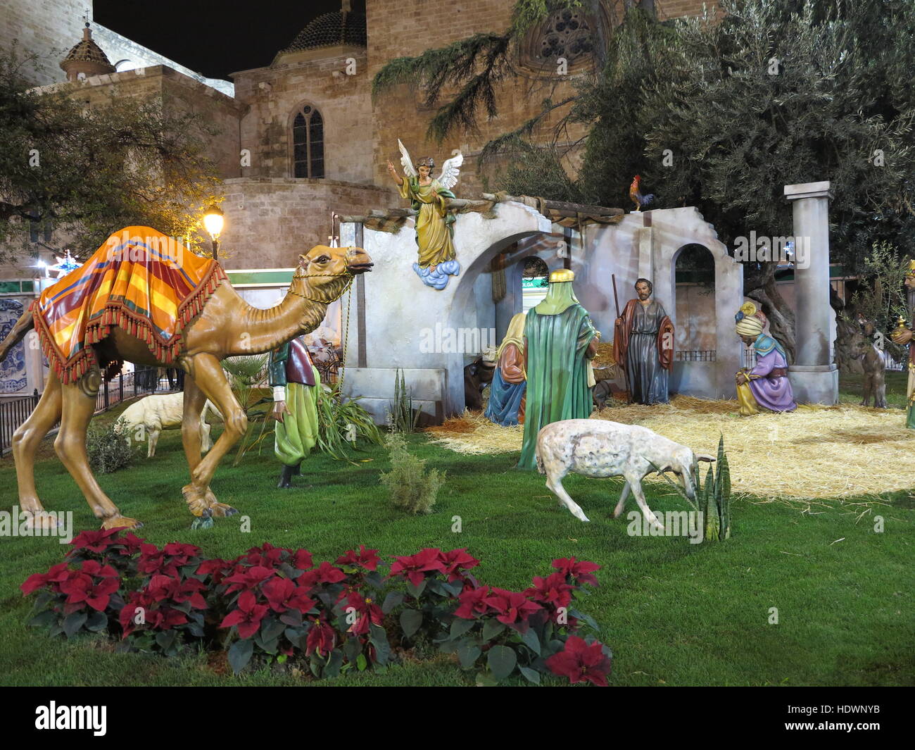 Nativity scene at night outside Cathedral Valencia in Valencia, Spain ...