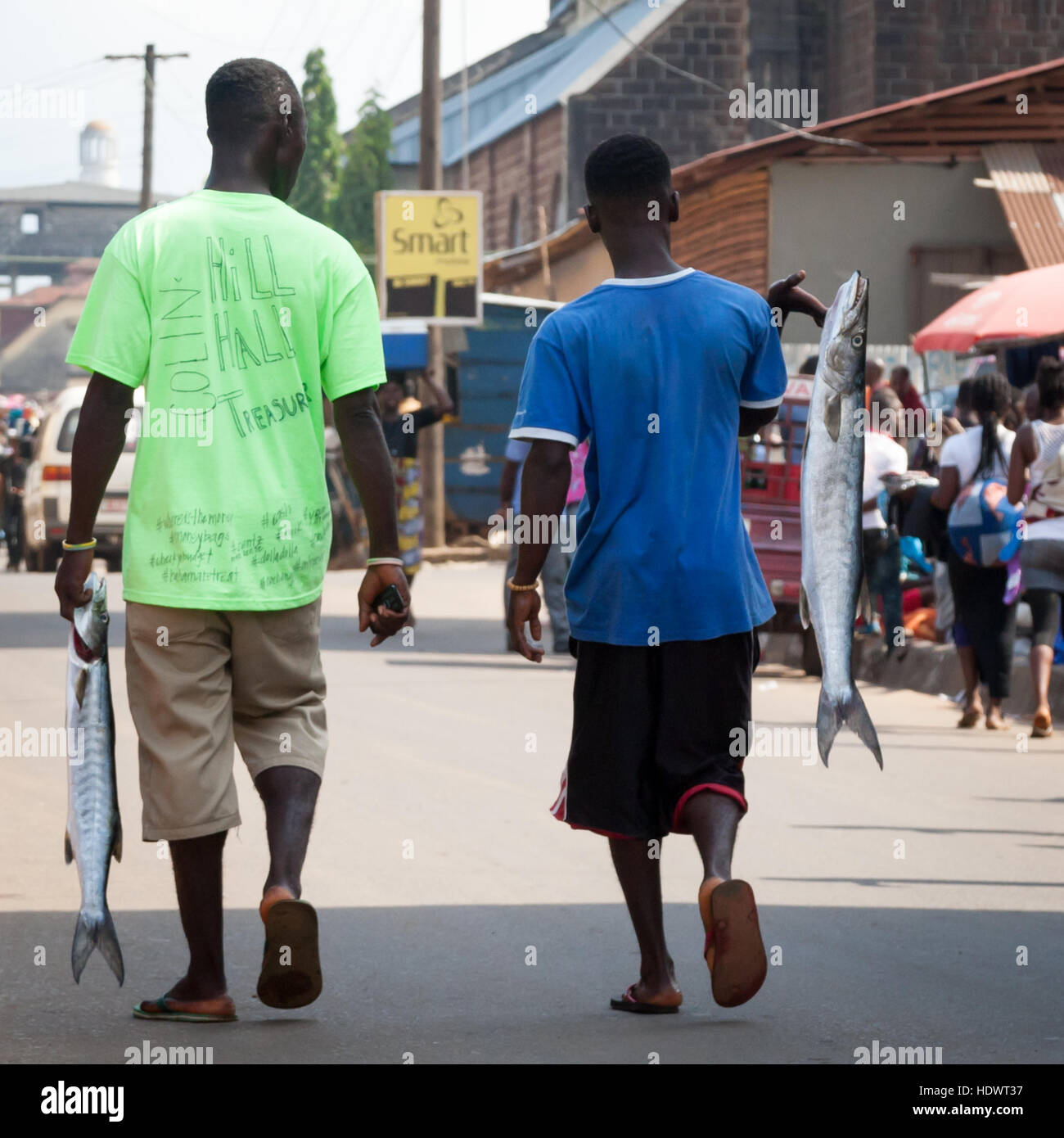 Men carrying barracuda fish through the streets of Freetown Stock Photo ...