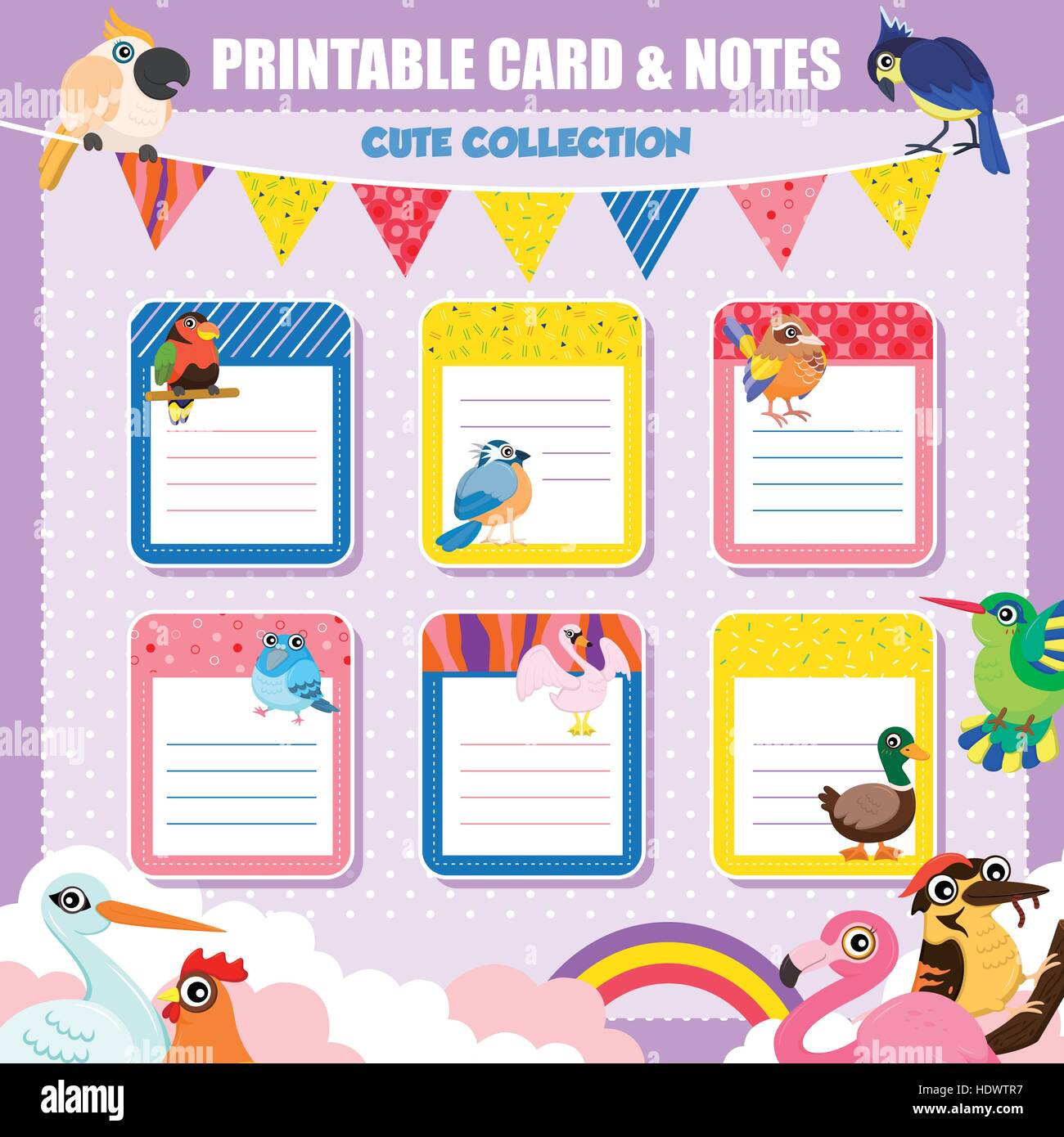 lovely printable notes and card collection with birds Stock Vector ...