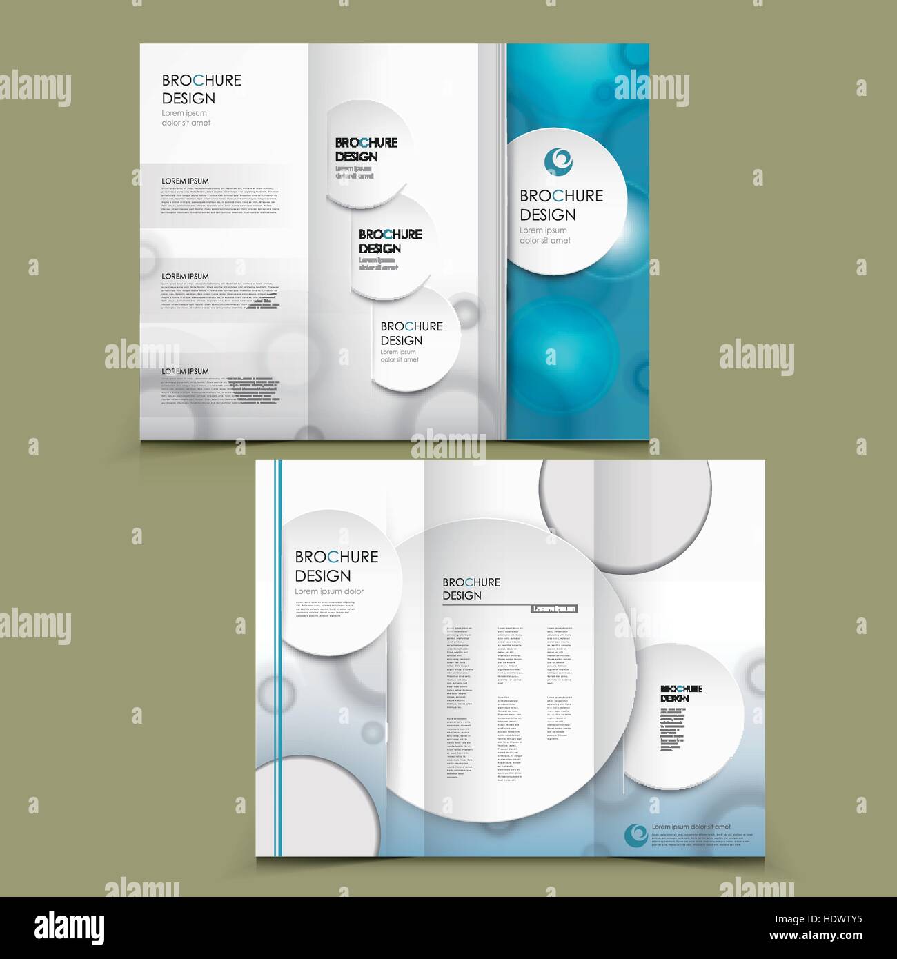 abstract tri-fold brochure design with circular element in blue and ...