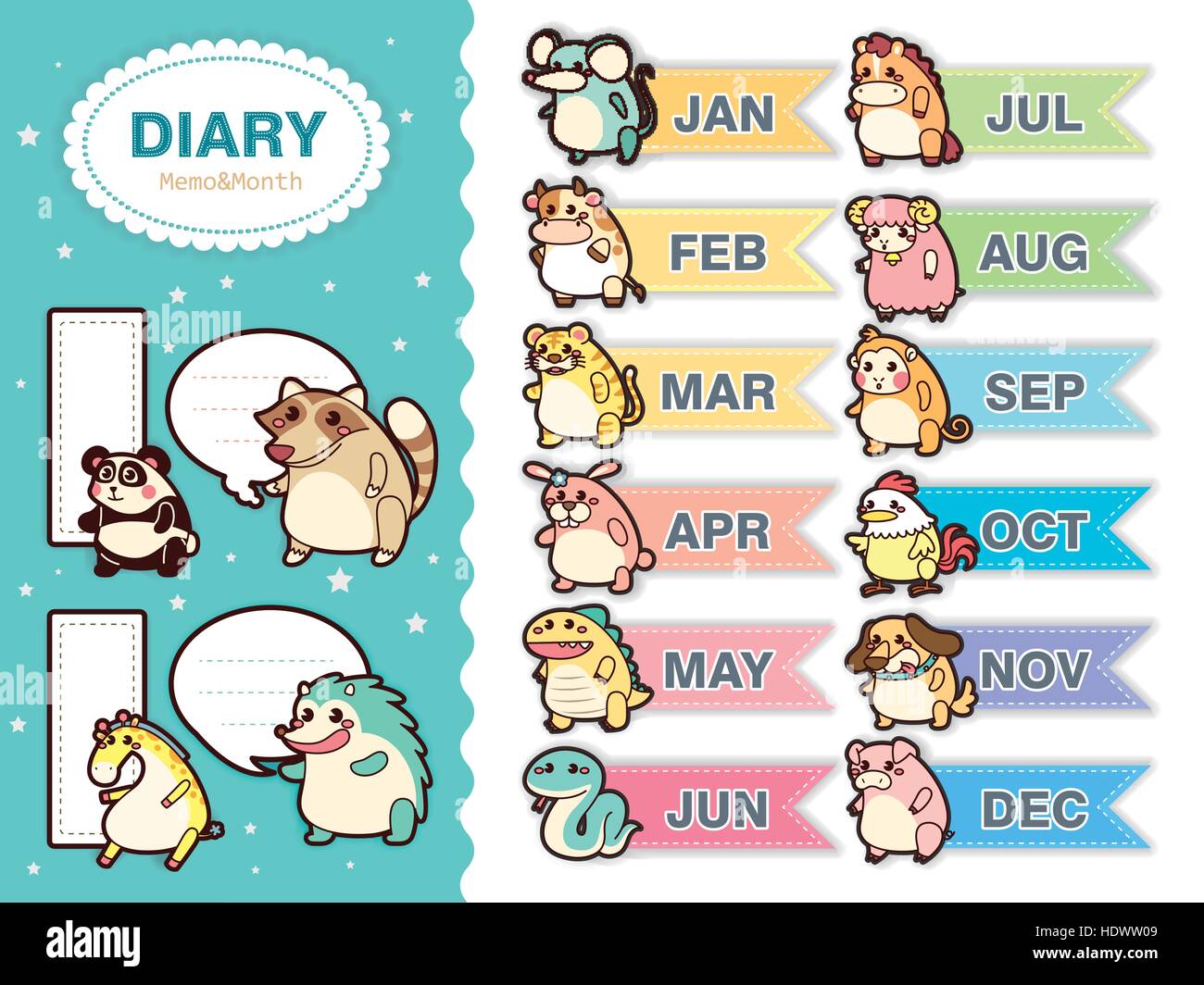 adorable animal zodiac memos set with multiple color Stock Vector Image ...