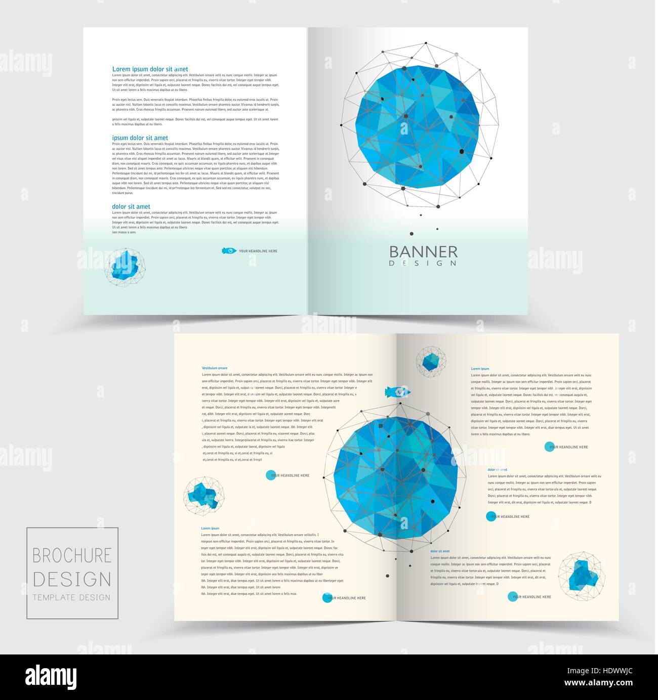 half-fold brochure template design with geometric blue crystal elements ...