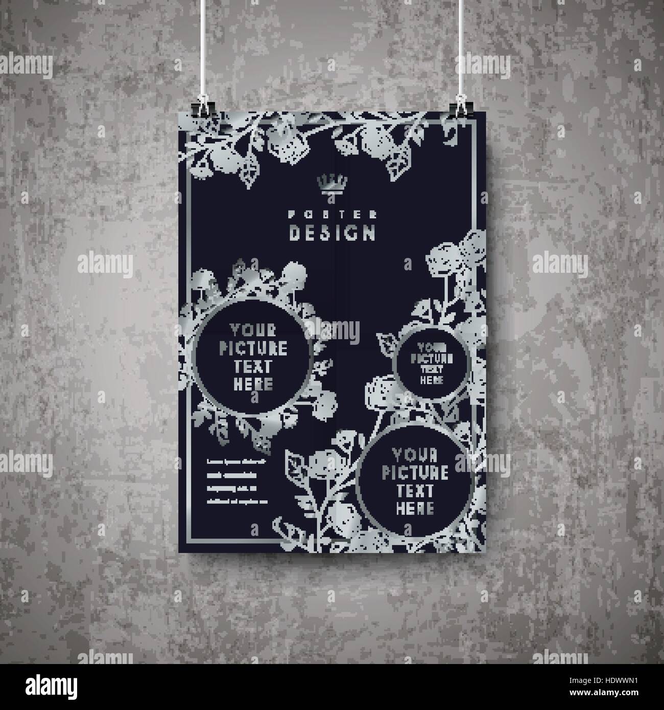 elegant poster template design with exquisite silver floral elements ...