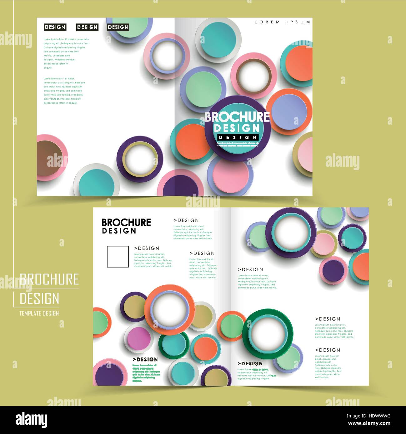 modern colorful half-fold brochure template design with circle elements ...