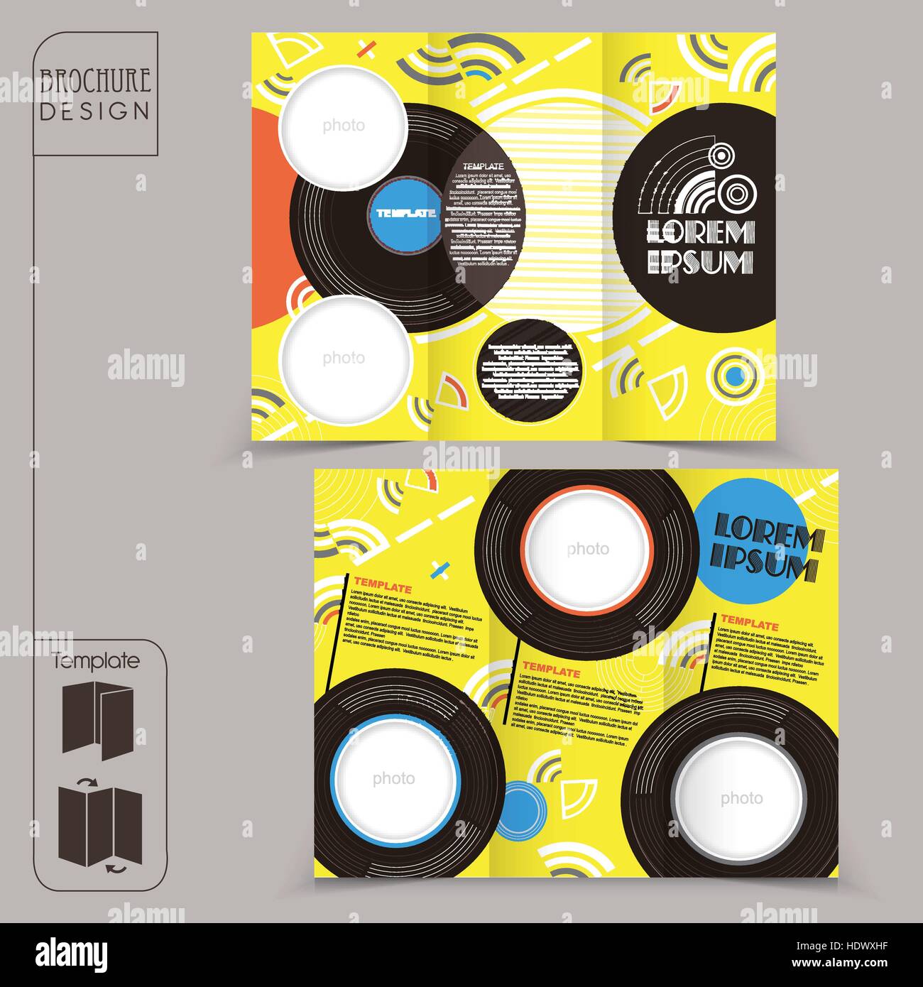 colorful tri-fold template for music concept brochure with vinyl ...