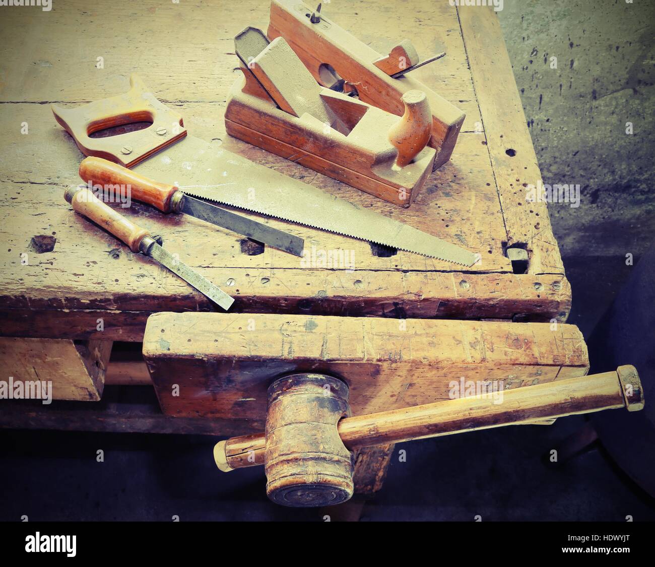 Saw chisel and bitten in the ancient workshop of the carpenter Stock ...