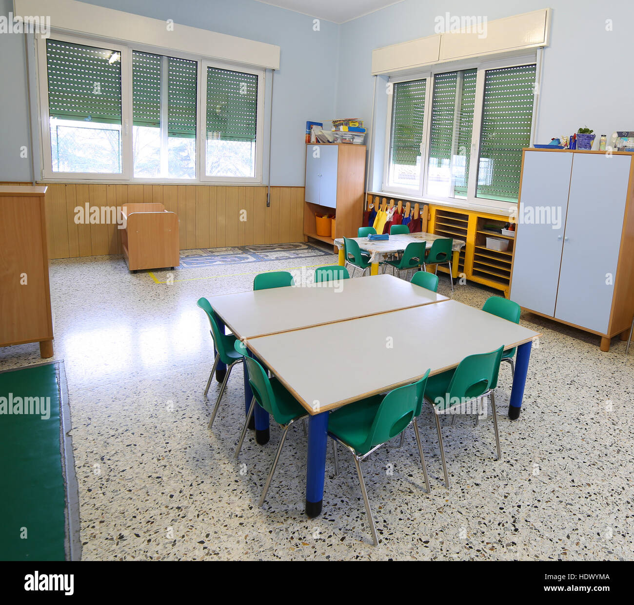 inside of a classroom with small chairs and tables Stock Photo - Alamy