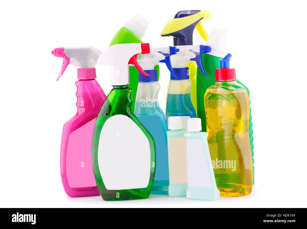 Chemical cleaning supplies isolated on white background Stock Photo - Alamy